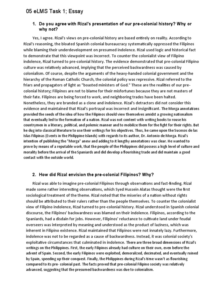 05 eLMS Task 1 Essay: 1. Do You Agree With Rizal's Presentation of Our Pre-Colonial History? Why ...