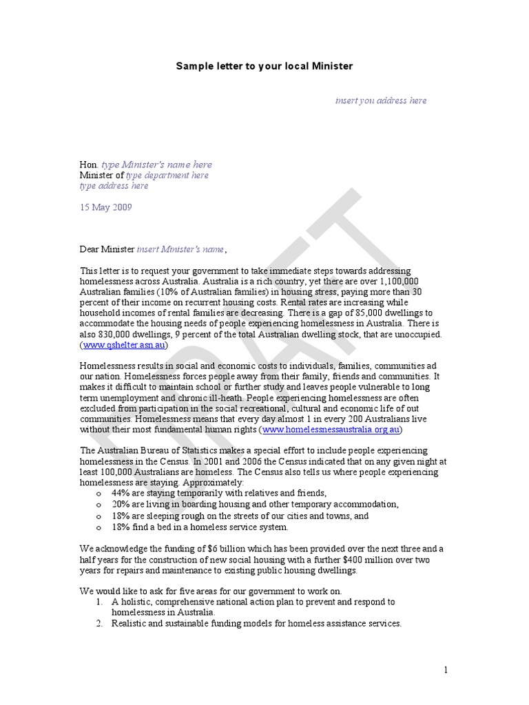 Sample Letter 2 Minister | PDF | Homelessness | Public Housing
