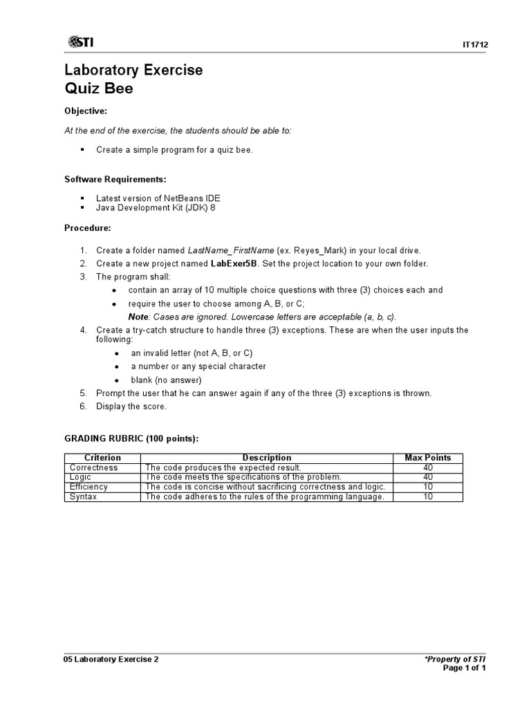 Laboratory Exercise Quiz Bee: Objective | PDF Laboratory Exercise Quiz Bee: Objective | PDF