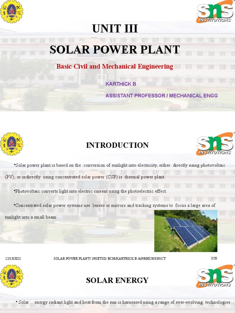Unit Iii Solar Power Plant: Basic Civil and Mechanical Engineering ...