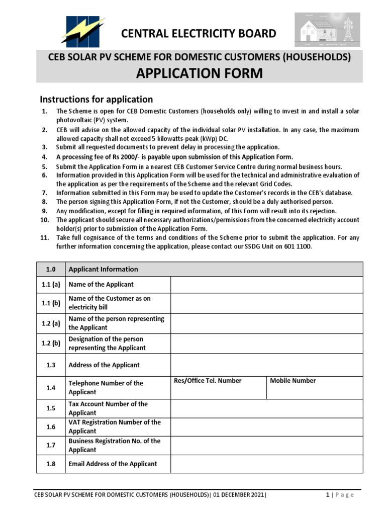 CEB Solar PV Application Form for Households | PDF | Photovoltaics ...