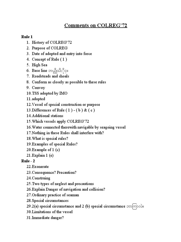 Comments on key rules of COLREG'72 | PDF | Anchor | Radio