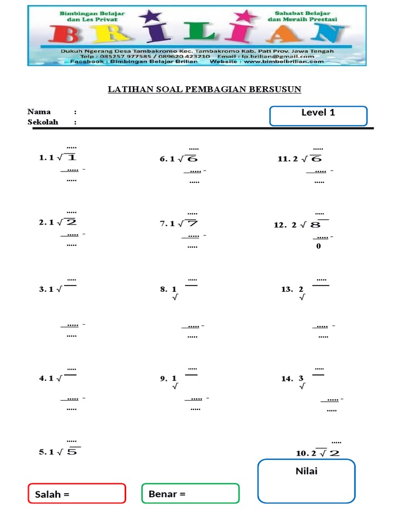 Latihan Soal Pembagian Bersusun Level 1 Sampai 3 - WWW - Bimbelbrilian ...