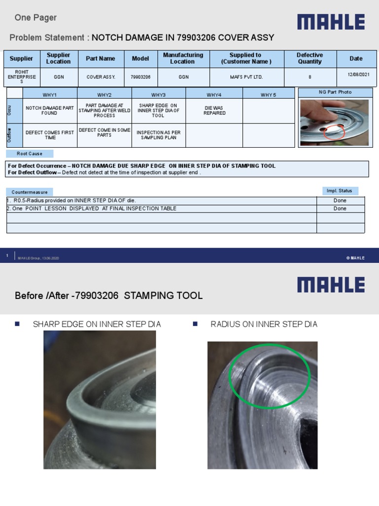 Notch Damage in 79903206 Cover Assy: One Pager Problem Statement | PDF ...