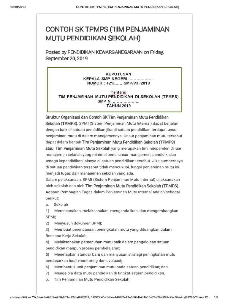 Contoh SK TPMPS (Tim Penjaminan Mutu Pendidikan Sekolah) | PDF