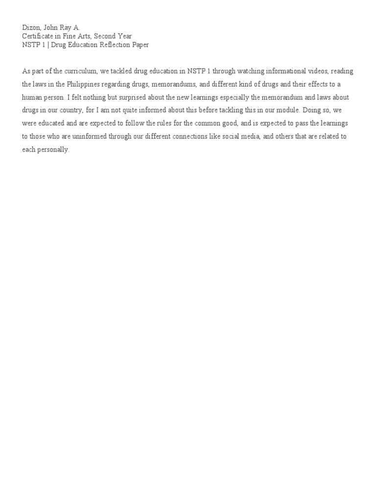 Drug Education Reflection Paper | PDF