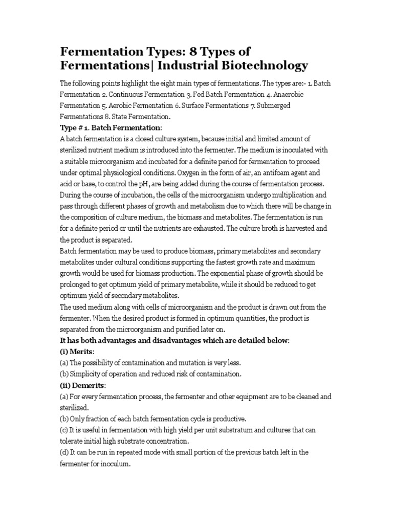 Fermentation Types: 8 Types of Fermentations - Industrial Biotechnology | PDF | Fermentation ...