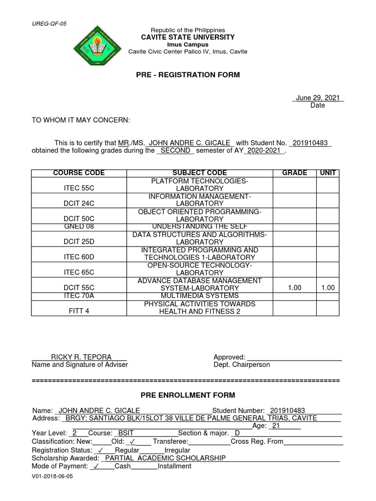 Cavite State University Pre-Registration Form | PDF | Computing ...