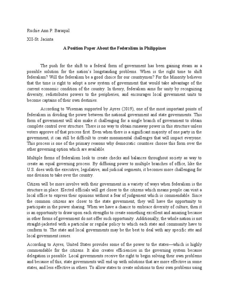 Position Paper About Federalism in The PH | PDF | Devolution | Federalism