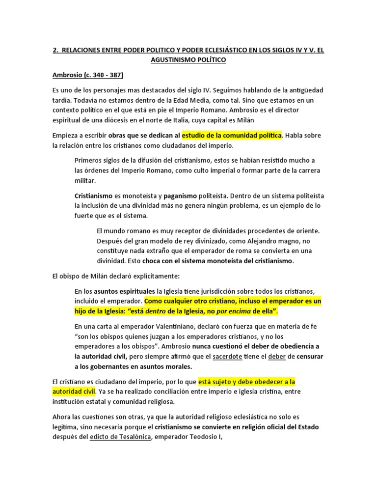 Relaciones Entre Poder Politico y Poder Eclesiástico en Los Siglos Iv y ...