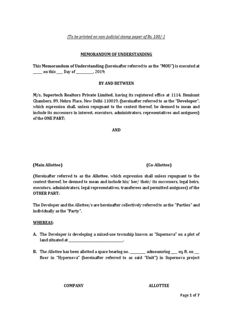 To Be Printed On Non-Judicial Stamp Paper of Rs. 100 | PDF | Lease ...