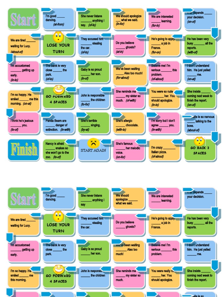 Prepositions Board Game Easy and Advanced Versions Error Correction and ...