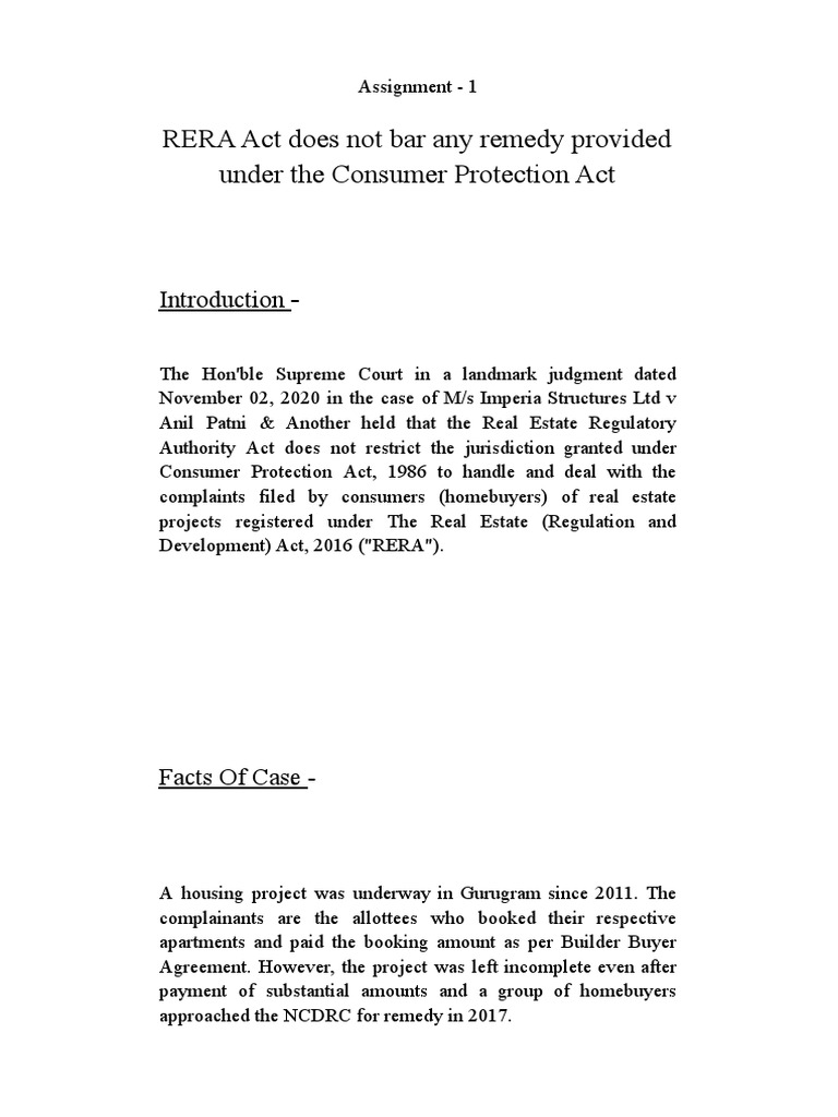 Assignment - 1 (RERA Act Does Not Bar Any Remedy Provided Under The ...