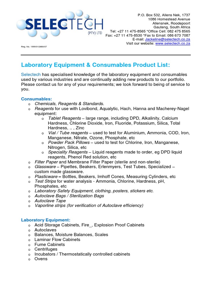 Laboratory Equipment & Consumables List | PDF | Chlorine | Water
