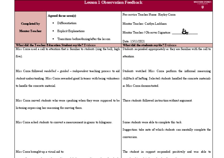 Lesson 1 Observation Feedback | PDF | Career & Growth