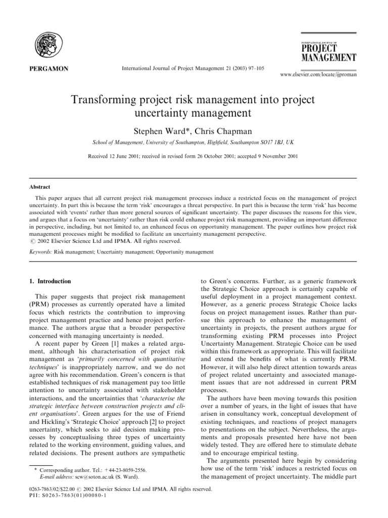 Transforming Project Risk Management Into Project Uncertainty ...