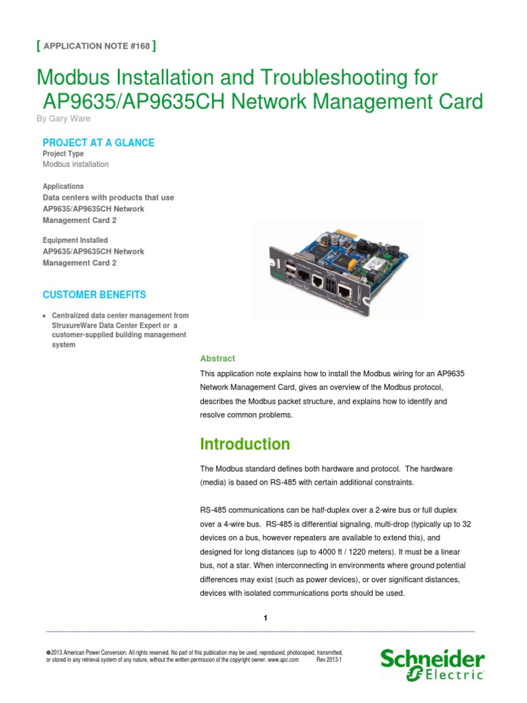 Modbus Installation and Troubleshooting For AP9635/AP9635CH Network ...