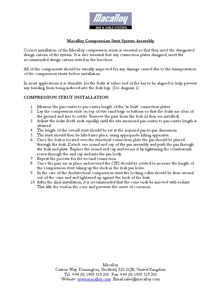 Macalloy Compression Strut Installation Procedure | PDF | Equipment ...