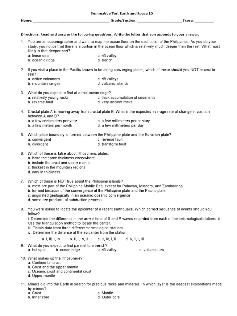 Summative Test Earth and Space 10 Name: - Grade/Section: - Score | PDF ...