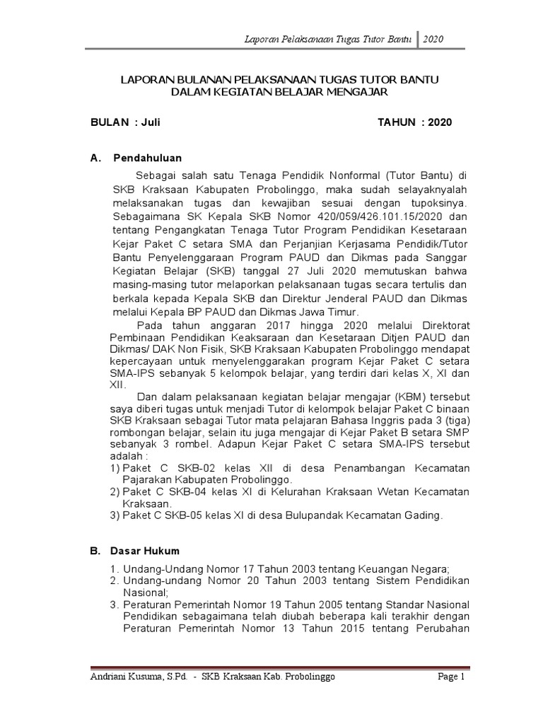 1 - LAP. TUGAS TUTOR BANTU JULI 2020.fx | PDF