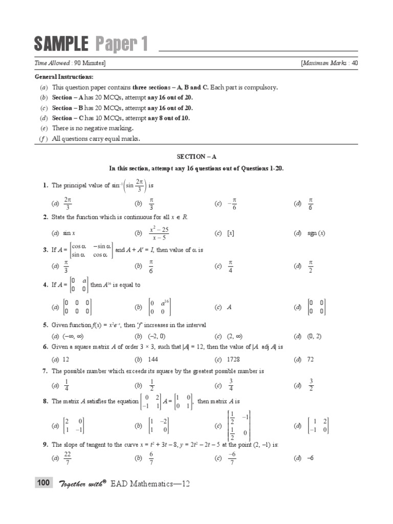 Mathematics 12 - Sample Paper-1 | PDF | Function (Mathematics ...