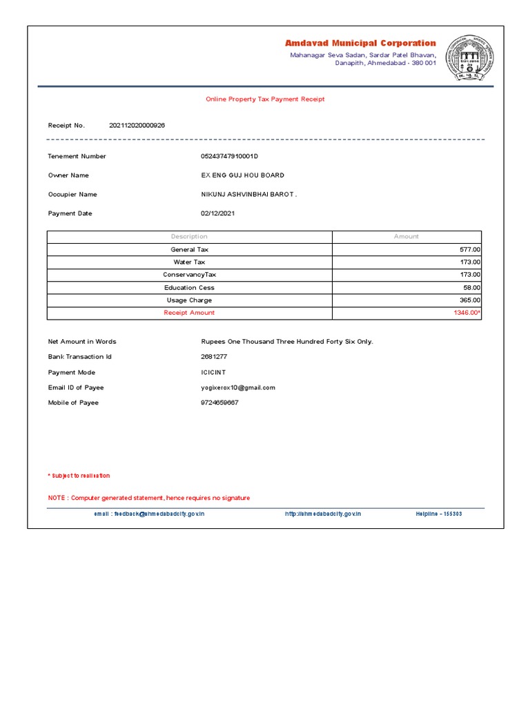 Ahmedabad Online Property Tax Receipt | PDF