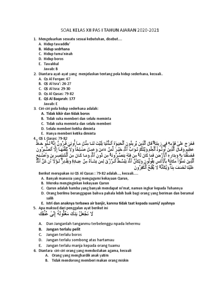 SOAL KELAS XII PAS I TAHUN AJARAN 2020-2021: POLA HIDUP SEDERHANA DAN PENANGANAN UJIAN MENURUT ...