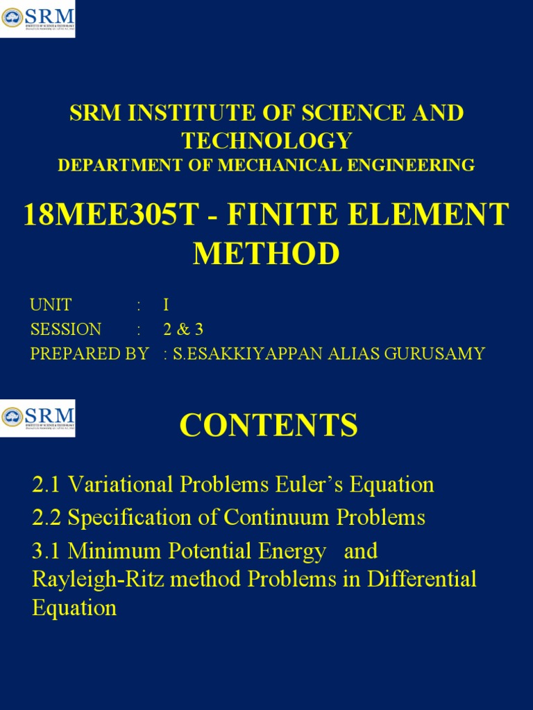Srm Institute Of Science And Technology 18mee305t Finite Element Method Pdf Calculus Of