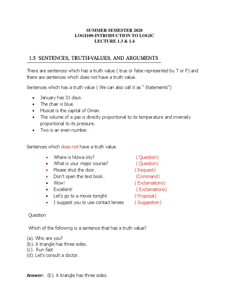 Summer Semester 2020 Logi100-Introduction To Logic LECTURE 1.3 & 1.4 | PDF | Deductive Reasoning ...