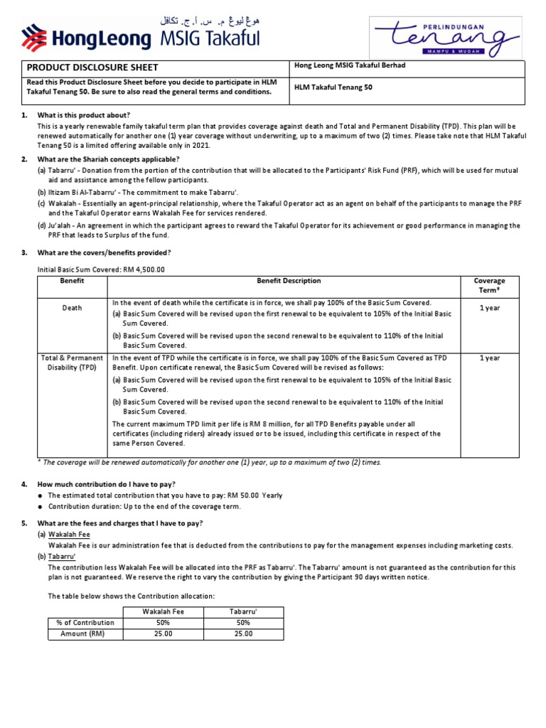 Product Disclosure Sheet | PDF | Fee | Insurance