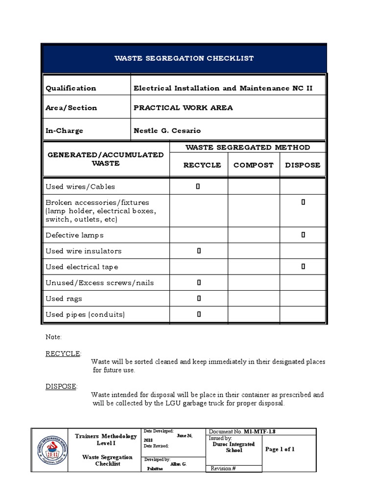 Form 1.8 Waste Seggregation Checklist | PDF