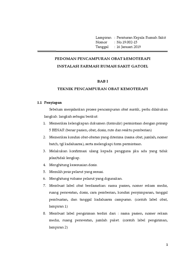 Pedoman Pencampuran Obat Kemoterapi RSG 2019 | PDF
