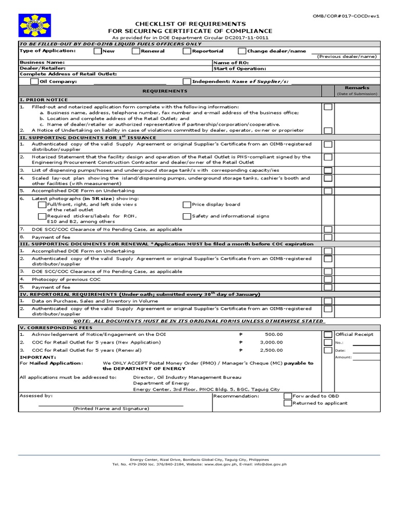 For Securing Certificate of Compliance Checklist of Requirements | PDF