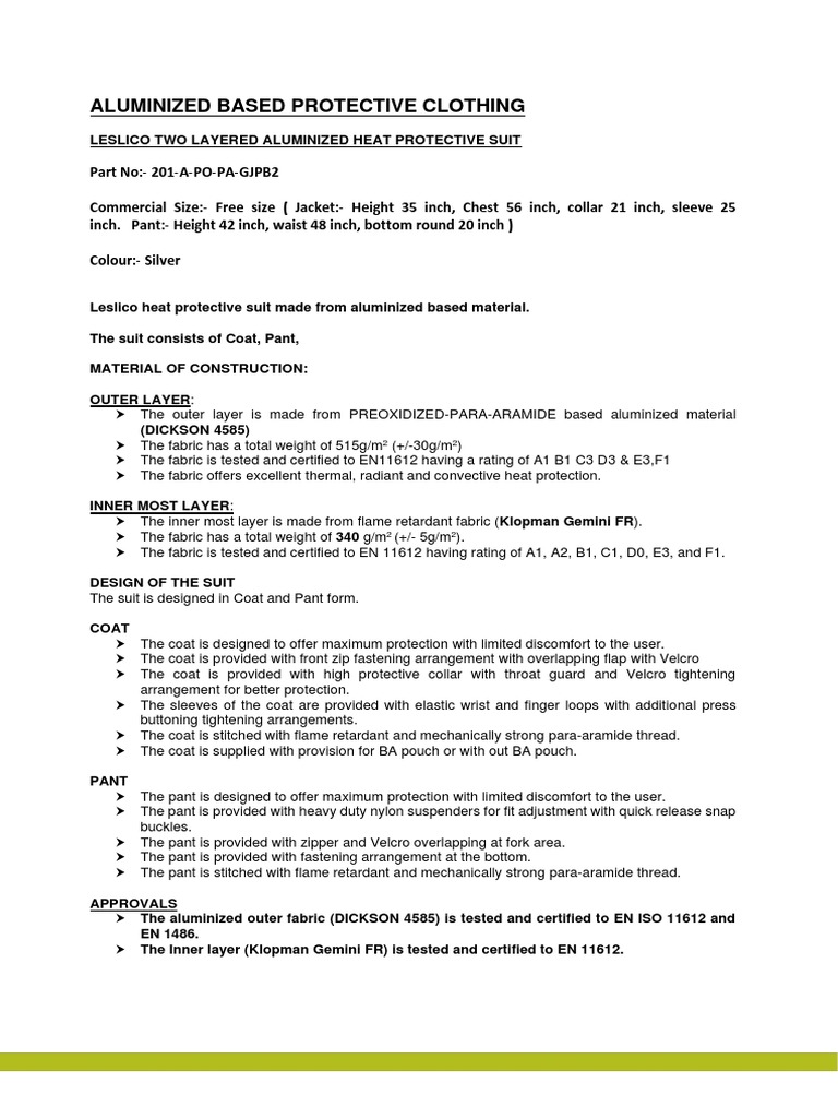 Aluminize Jacket 0 Pant | PDF | Science & Mathematics | Technology ...