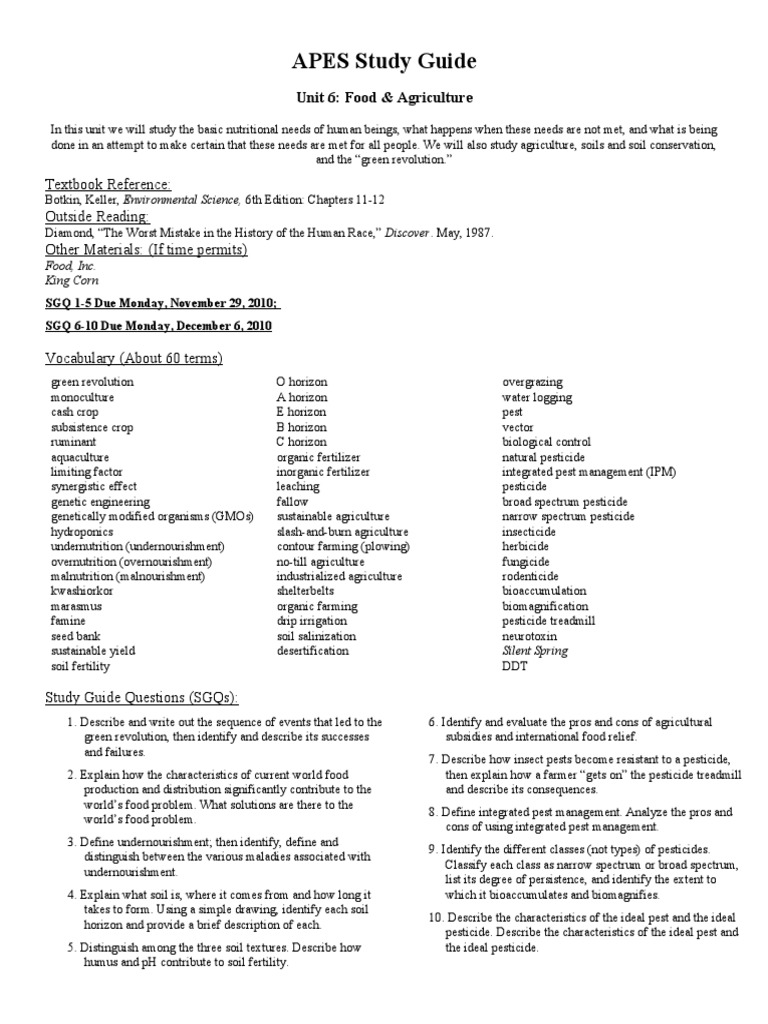 APES Food & Ag Study Guide | PDF | Agriculture | Soil