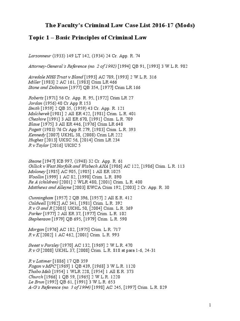 The Faculty's Criminal Law Case List 2016-17 (Mods) Topic 1 - Basic ...