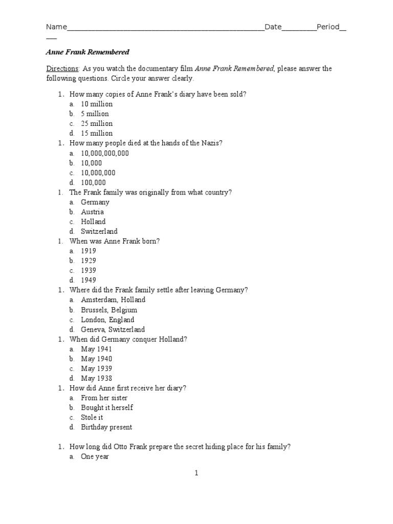 Anne Frank Remembered: Quiz Guide | PDF | Anne Frank | World War II