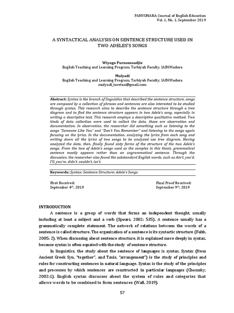 A Syntactical Analysis On Sentence Structure Used in Two Adeles'S Songs ...