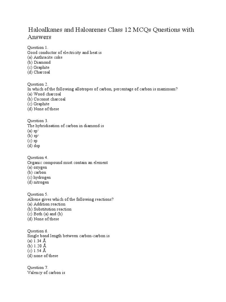 Haloalkanes and Haloarenes Class 12 MCQs Questions With Answers | PDF ...