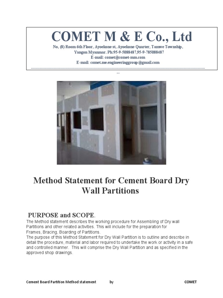 Method Statement For Cement Board Dry Wall Partitions | PDF | Drywall | Wall