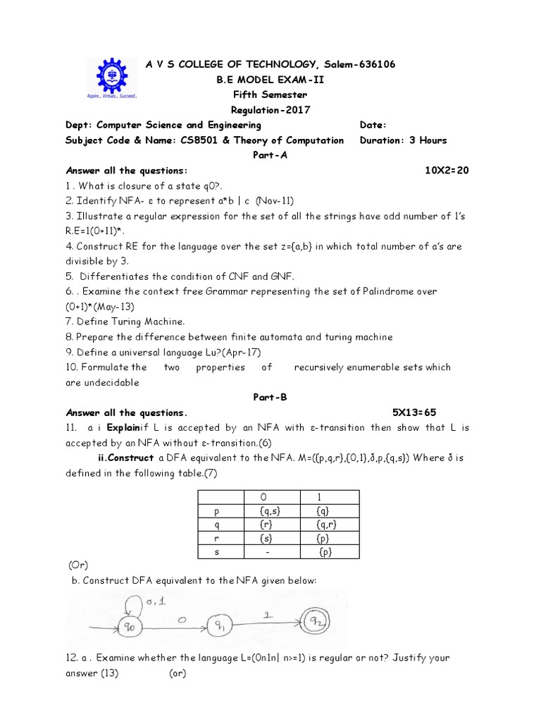 Model2 - Iiicse - CS8501 - Toc - Set2 | PDF | Mathematical Logic | Models Of Computation