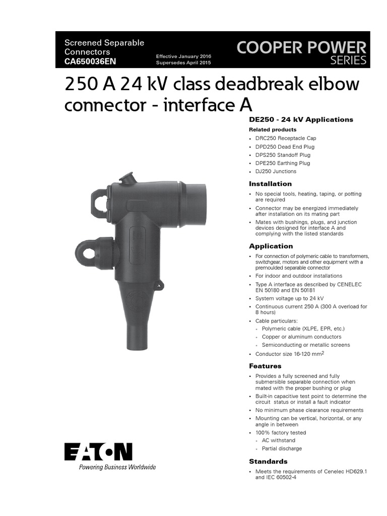 250 A 24 KV Class Deadbreak Elbow Connector - Interface A: Cooper Power ...