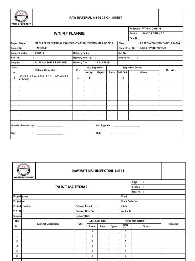 Material Inspection Sheet | PDF | Engineering | Mechanical Engineering