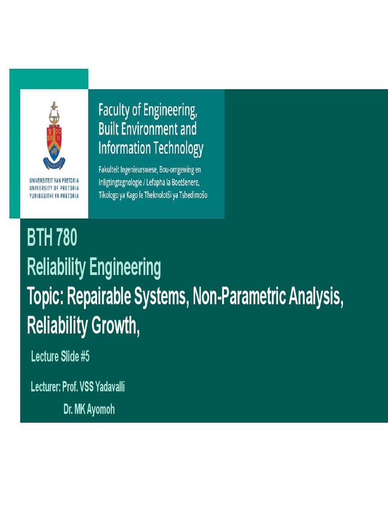 BTH 780 Reliability Engineering: Topic: Repairable Systems, Non-Parametric Analysis, Reliability ...