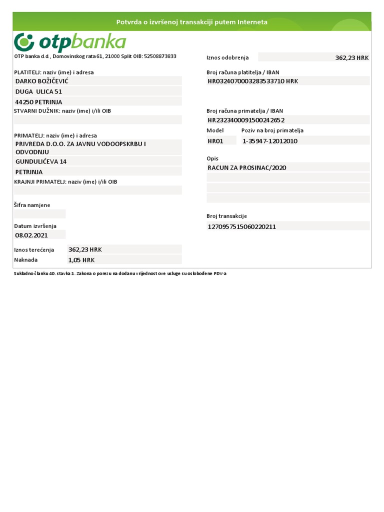Potvrda o Izvršenoj Transakciji Putem Interneta: OTP Banka D.D., Domovinskog Rata 61, 21000 ...