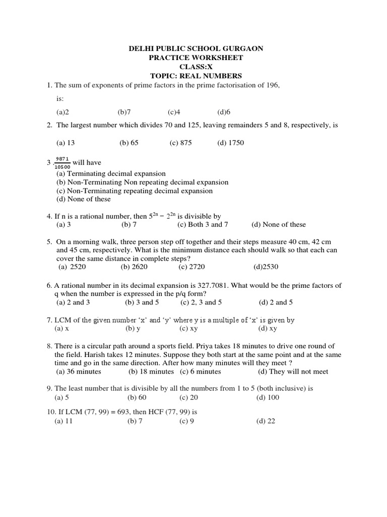 Class X Practice Worksheet Real Numbers | PDF | Teaching Methods ...