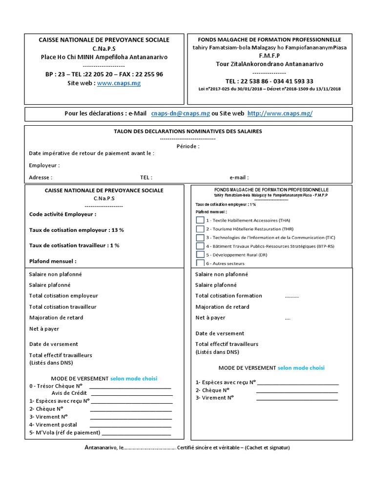 Bordereau Unique CNaPS FMFP Talon de Déclarations Nominative Des ...
