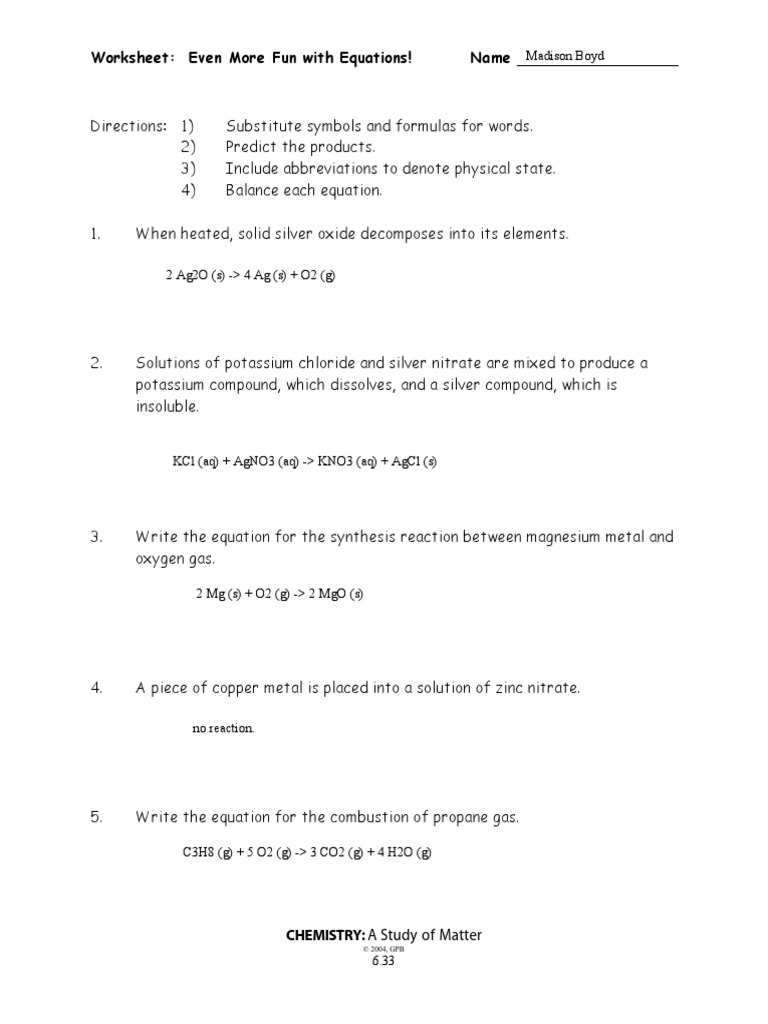 Fun with Balancing Equations Worksheet | PDF | Teaching Methods & Materials