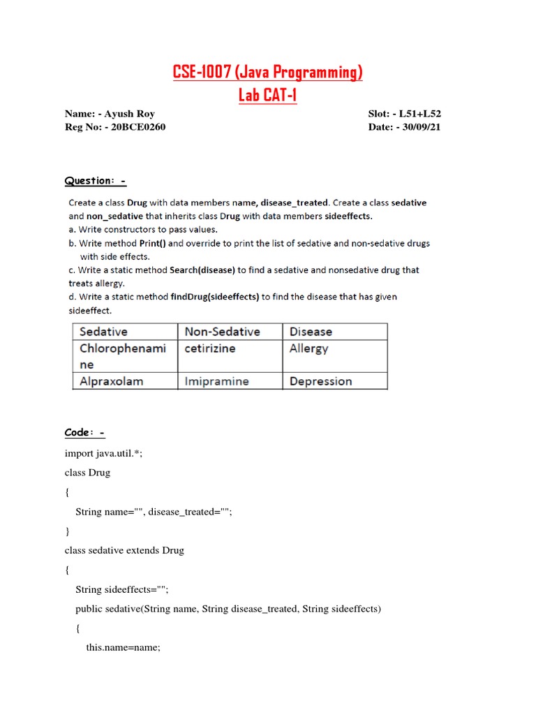 CSE-1007 (Java Programming) Lab CAT-1 | PDF | Medicine | Adverse Effect