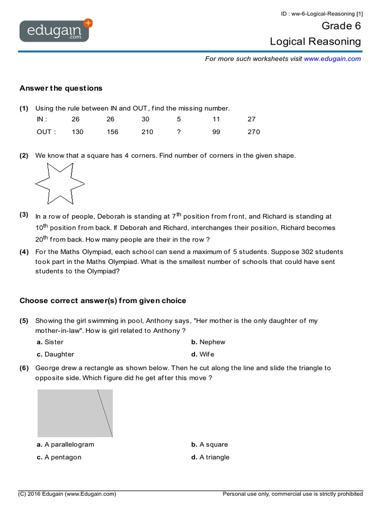 Grade 6 Logical Reasoning WW | PDF | Rectangle
